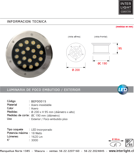 Foco piso acero exterior LED 18W - BEFO0015 – Interlight Iluminación Chile