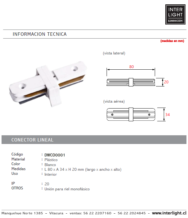 Unión lineal para riel monofásico blanco - DWCO0001 – Interlight ...