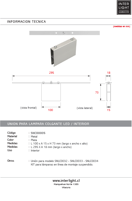Unión para lampara colgante LED - SNCO0005 – Interlight Iluminación Chile